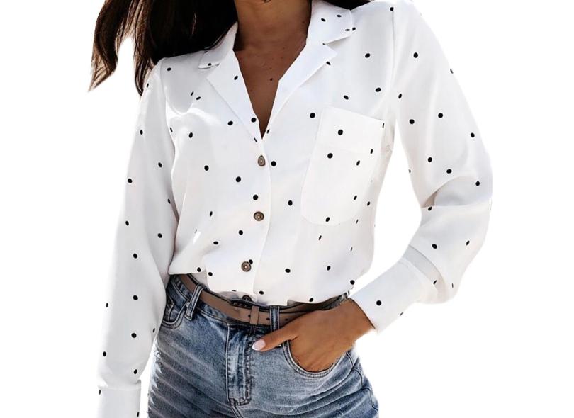 Moda feminina manga longa cor Block Point T-shirts com decote em V ...