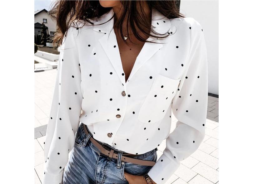 Moda feminina manga longa cor Block Point T-shirts com decote em V ...