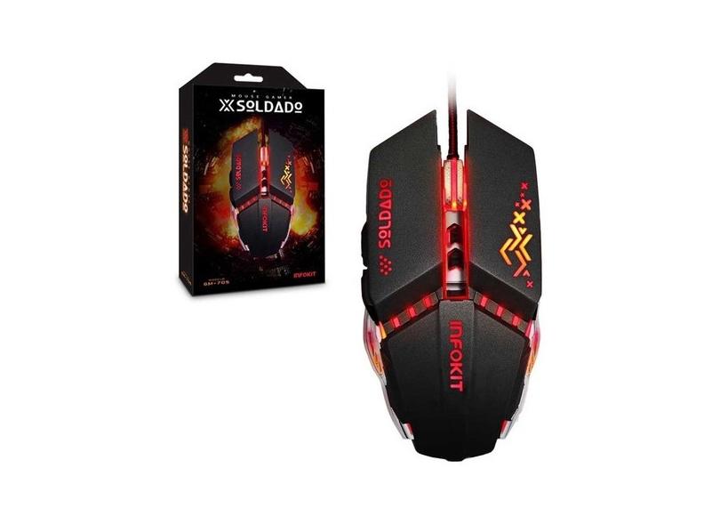 Mouse Óptico Gamer Usb 2400 Dpi 6 Botões Led Rgb 4 Cores Cabo Infokit X Soldado GM-705 em ...