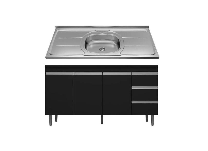 Armário Gabinete De Cozinha Com Tampo Pia Inox 160cm Preto Móveis ...