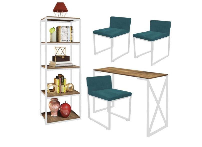 Kit Escritório Bex 3 Cadeiras Suede Azul Turquesa com 1 Mesa e 1 ...