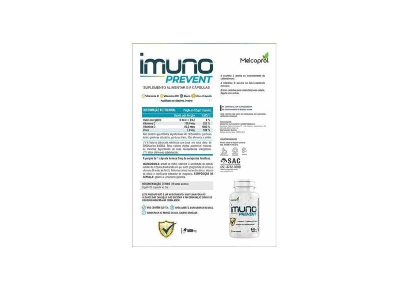 Imuno Prevent 500Mg 4 X 60 Cápsulas C, D3 E Zinco Melcoprol com o ...