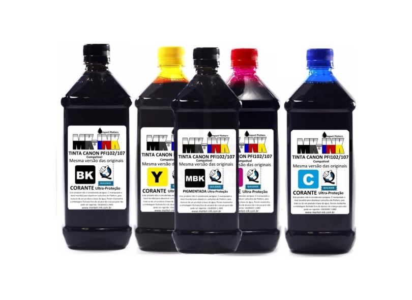 Tinta kit 5 litros compatíveis Plotter Canon dos cartuchos código: PFI102, PFI107 Série IPF: 500 ...