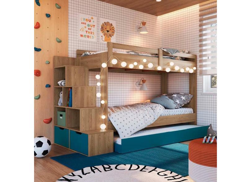 Treliche Infantil Solteiro Com Escada E Cama Auxiliar Aveiro Oak Azul ...