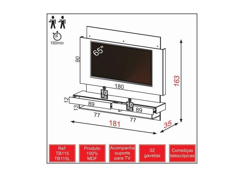 Painel Com Led Para Tv De 65 Polegadas 2 Gavetas Tb115l Dalla Costa com ...