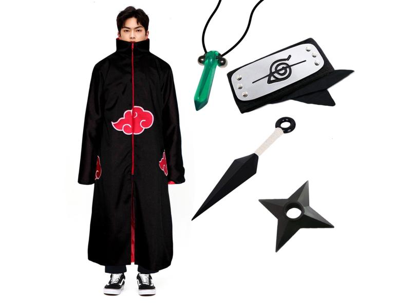 Kit Capa Akatsuki Bandana Colar Kunai Shuriken Naruto Cosplay Itachi ...