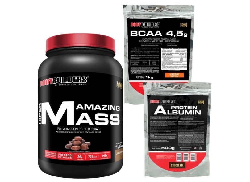 HIPERCALóRICO AMAZING MASS 1,5KG + ALBUMINA PROTEIN 500G + BCAA 4,5 1KG - BODYBUILDERS SABOR ...