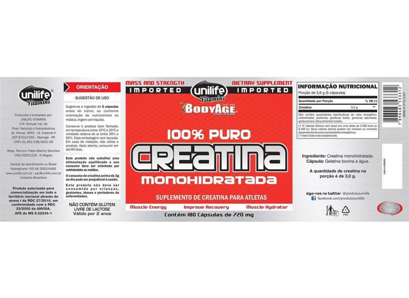 Creatina ATP Monohidratada 500mg Unilife 180 cápsulas com o Melhor ...