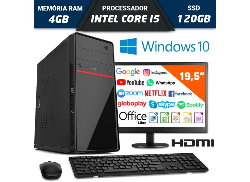 Computador Completo Pc Cpu Monitor 19,5 Intel Core i5 Hdmi 4GB SSD 120GB Windows 10 com Teclado ...