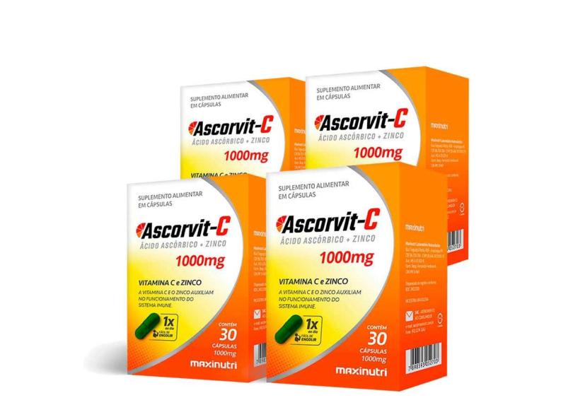 04 Unidades AscorVit C 1000mg Vitamina C e Zinco 30 Capsulas em ...