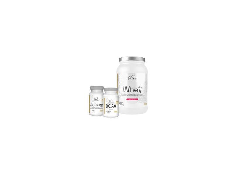 Kit Slim Whey 900g Bcaa 60caps Creatina Pura 100g Slim Com O