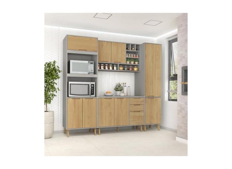 Cozinha Modulada Completa com Tampo 5 Peças 9 Portas 3 Gavetas Cinza ...