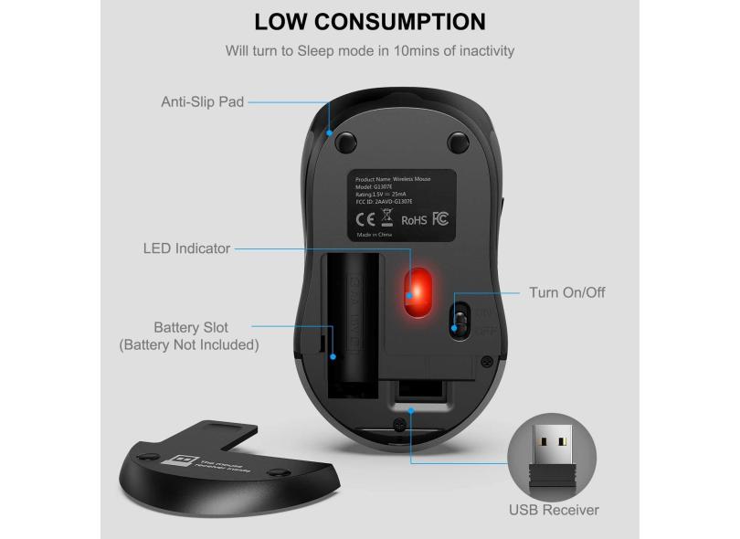 WisFox 2.4G Mouse sem fio para laptop, mouse de computador ergonômico ...