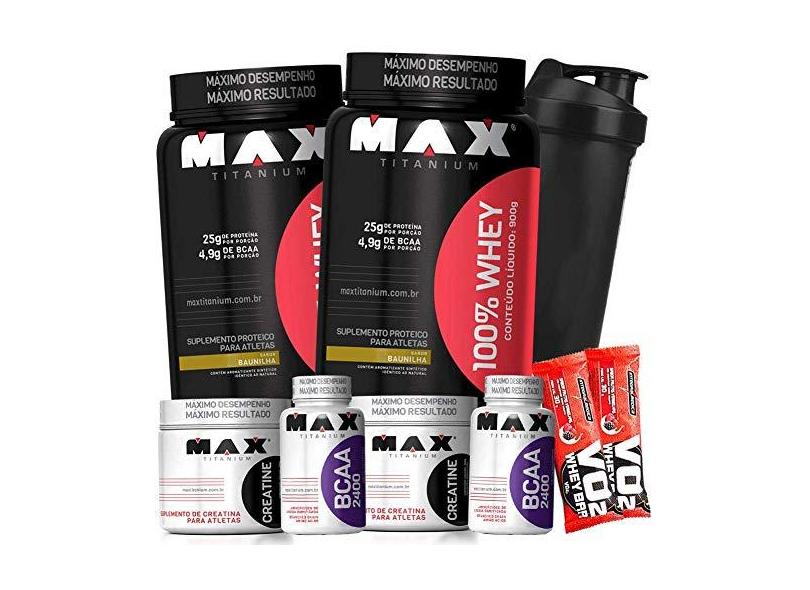 Max Titanium - 2x 100% Whey 900g cada pote 2x Creatina 100g 2x Bcaa ...