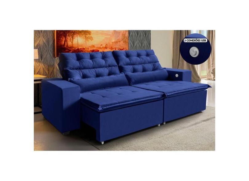 Sof 3 Lugares Retr til Reclin vel 2,12m 3 Portas Usb Azul com o Melhor ...