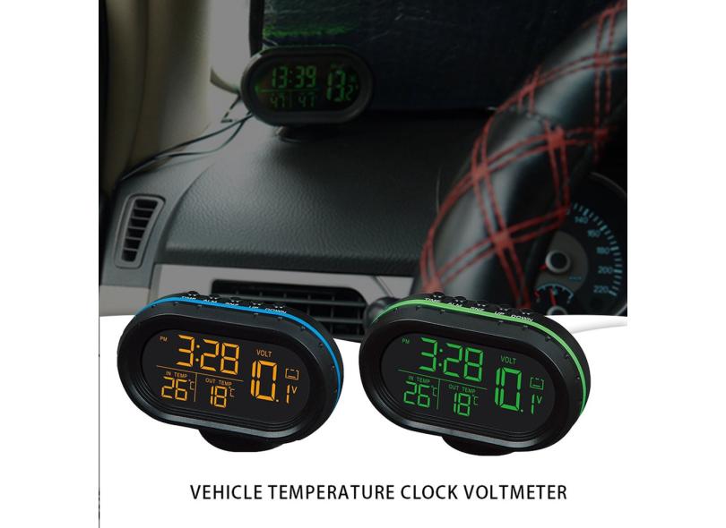 Relógio de temperatura do carro, voltímetro, termômetro do carro, relógio eletrônico, luz ...