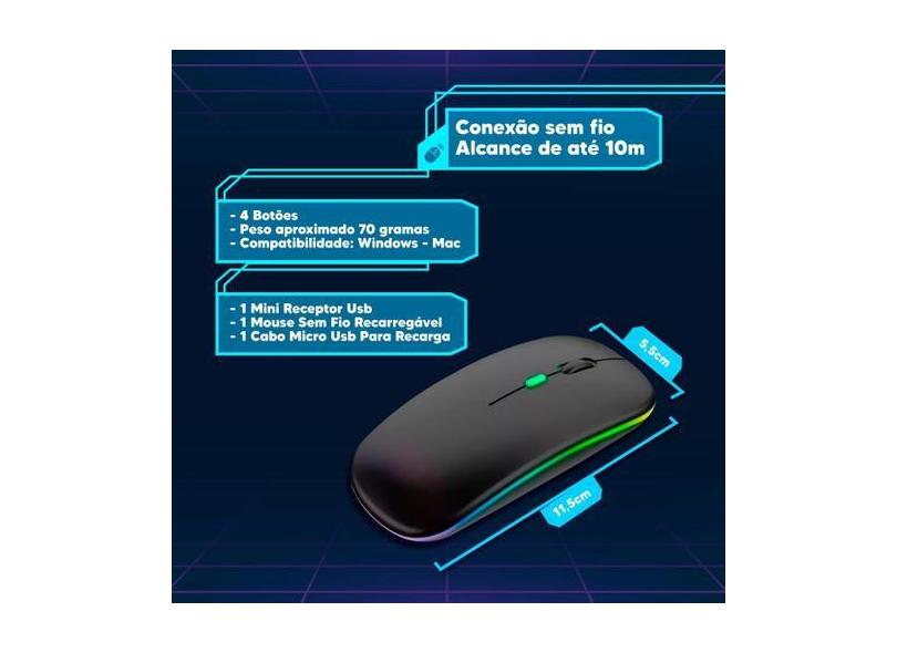 Mouse Sem Fio Recarregável Wireless Led Rgb Colorido Ergonômico Usb 2 ...