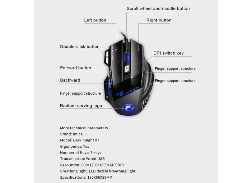 X7 Gaming Mouse com fio Mouse óptico USB 7 Botões Mouse Gamer com o ...